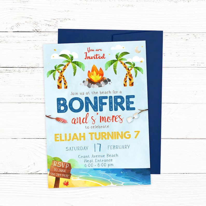 Beach Bonfire Birthday Party Invitation | Etsy