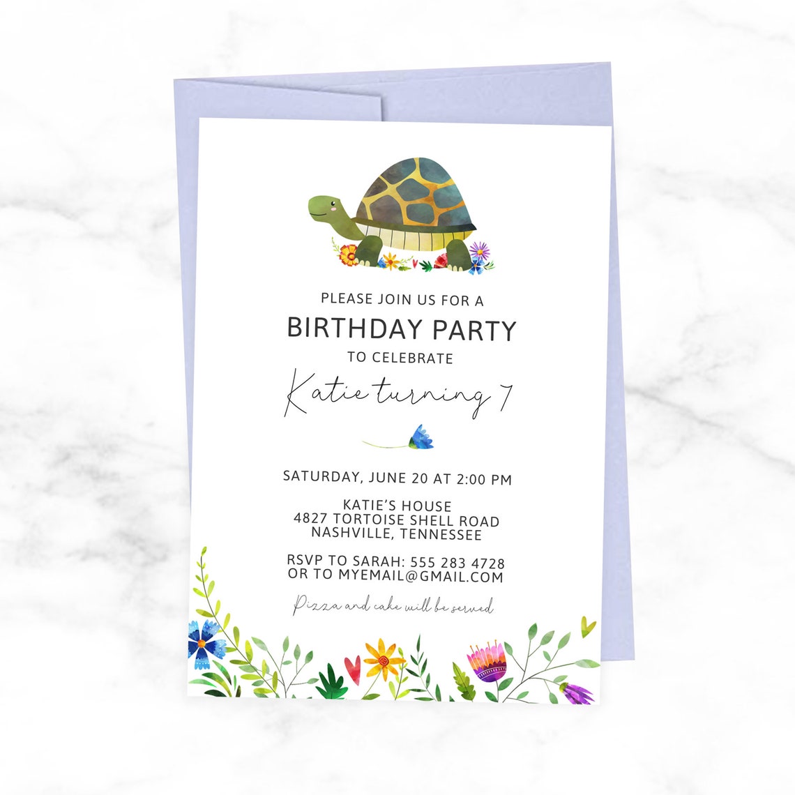 Girl Tortoise Birthday Party Invitation | Turtle Flower Birthday ...