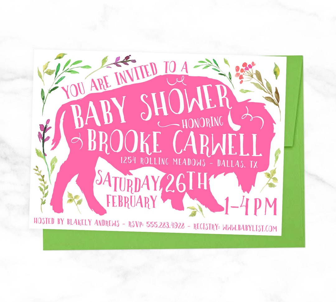 Pink Bison Party Invitation - Buffalo Baby Shower or Farm Birthday ...
