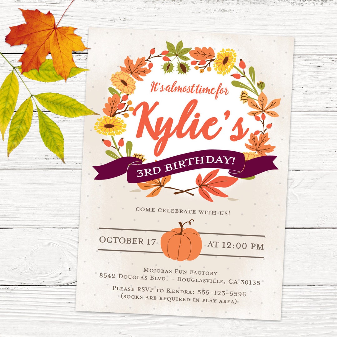 Fall Flowers Birthday Invitation - Fall Pumpkin and Leaves Invitation ...