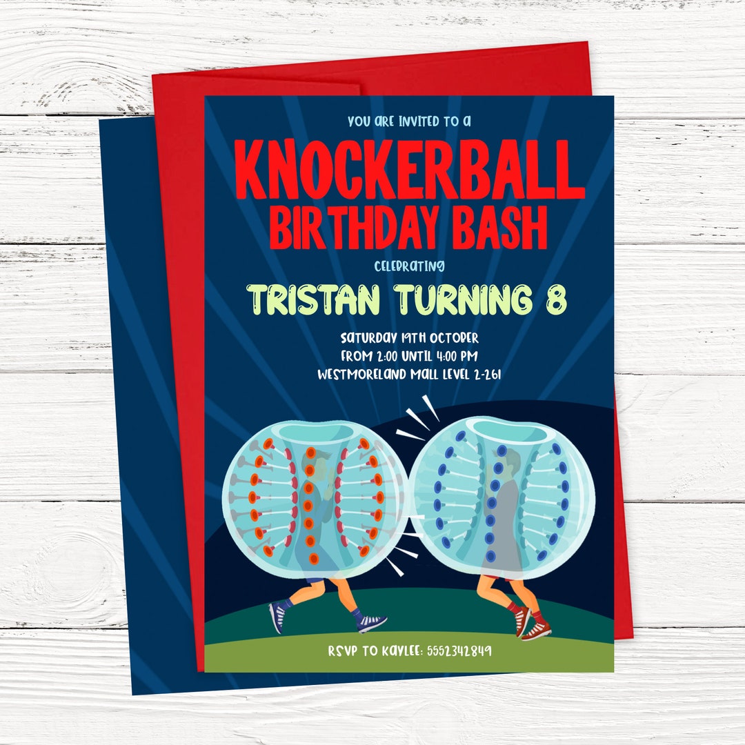 Knockerball Birthday Party Invitation - Zorb Football - Bubble Soccer ...