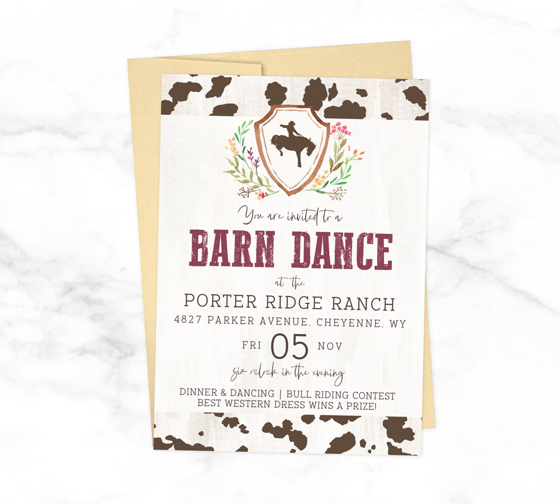 Cow Print Barn Dance Invitation Bucking Bronco and Cowboy | Etsy