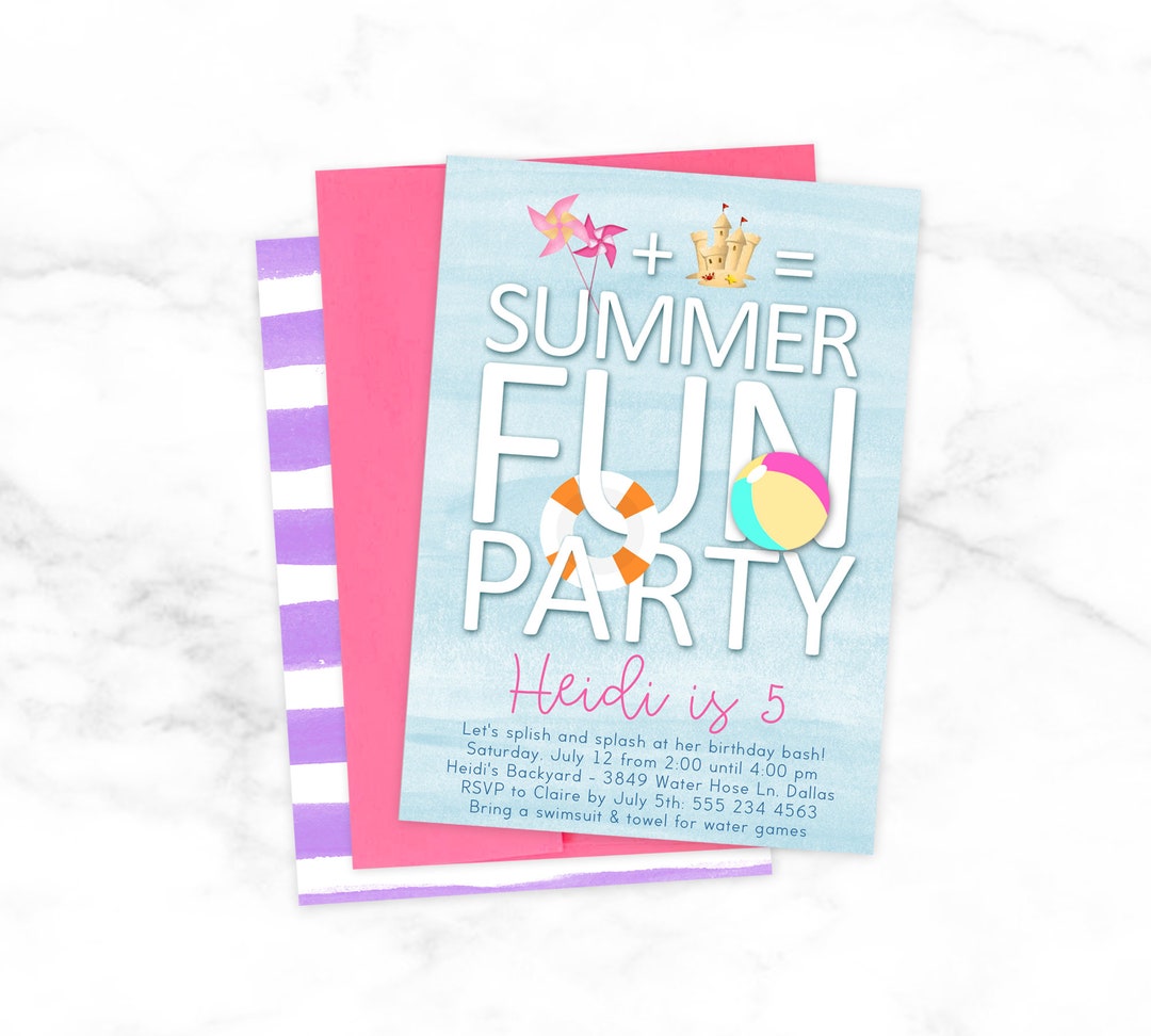 Summer Fun Party Birthday Invitation - Pinwheels, Beach Ball, Sand ...