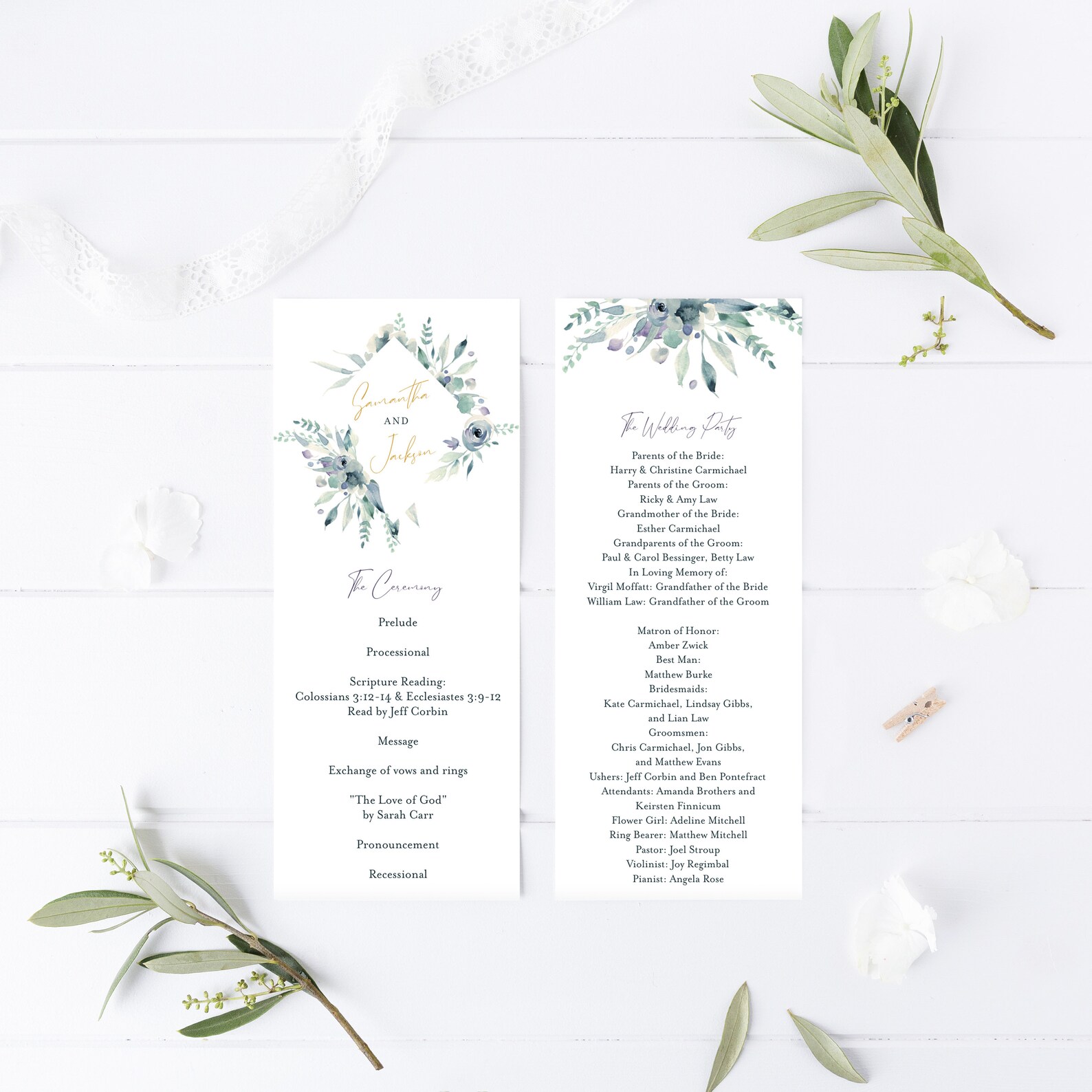 Purple and Blue Floral Wedding Program Watercolor Flowers | Etsy