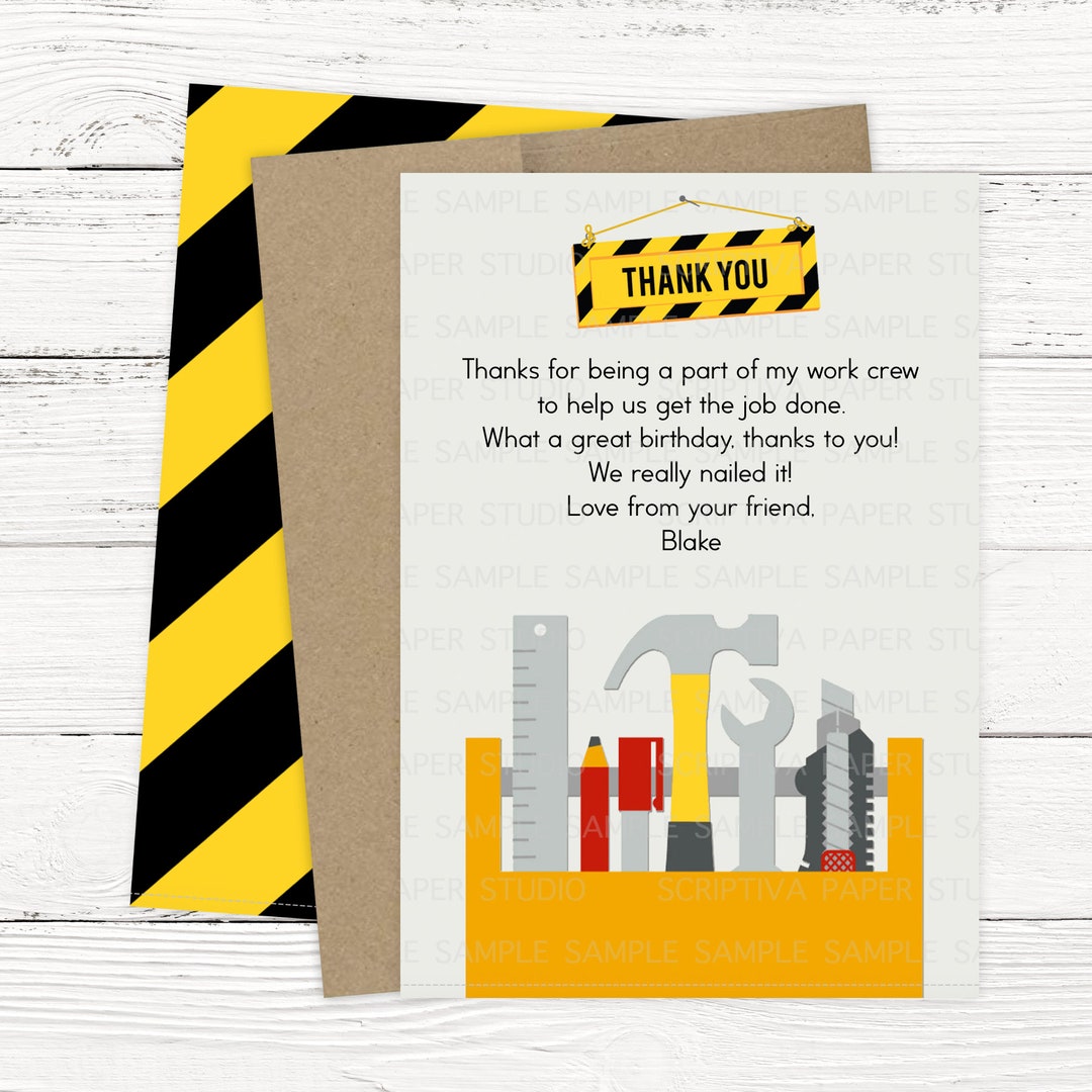 Handyman Tool and Construction Birthday Party Thank You Stationery Note ...