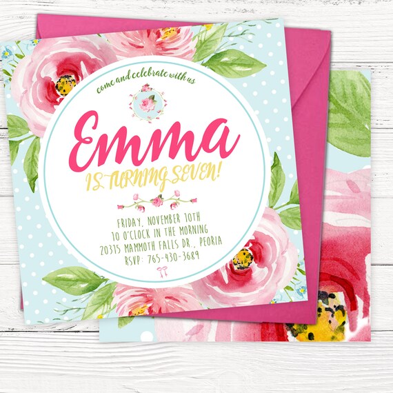 Shabby Chic Floral Birthday Invitation Colorful Girly - Etsy