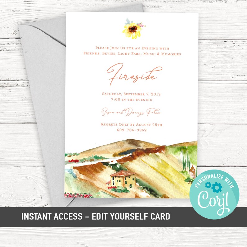 Tuscany Wine Dinner Invitation - Watercolor Italy Vineyard Landscape ...