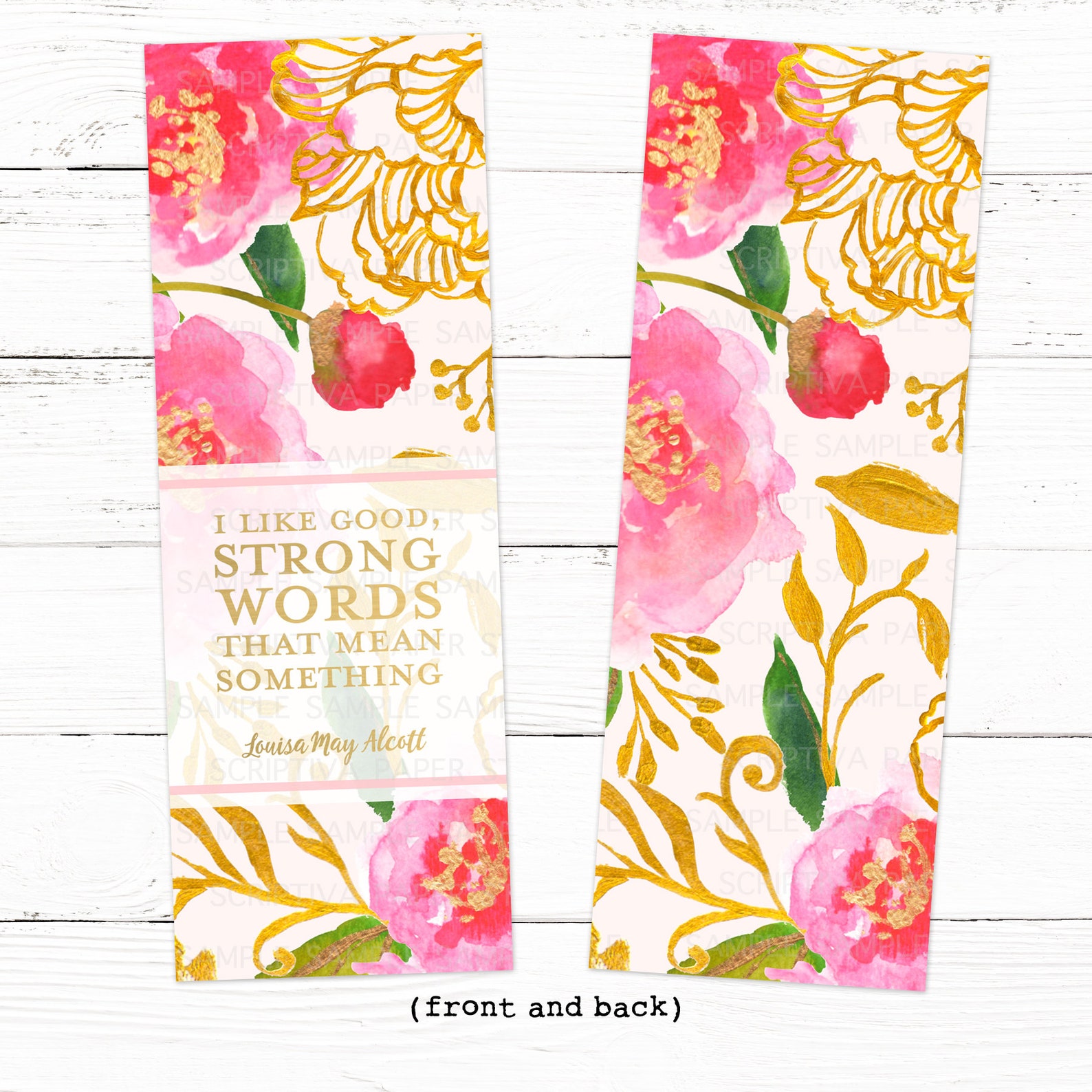 Pink and Gold Floral Bookmark | Printable Bookmark Featuring Louisa May ...