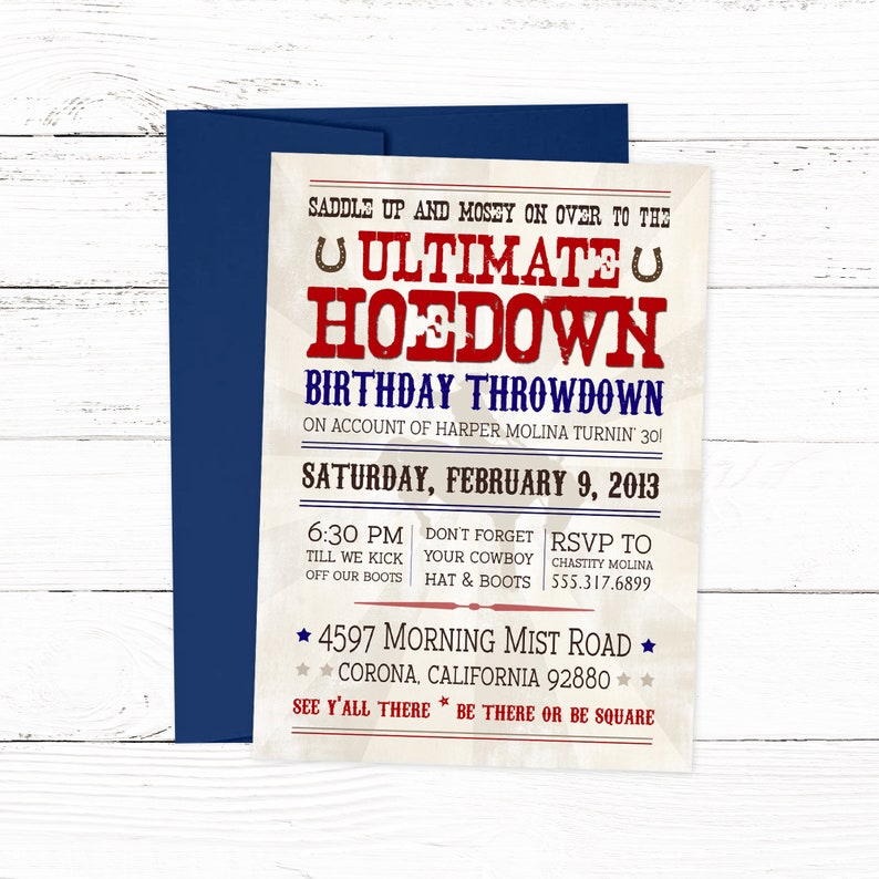 Hoedown Party Invitation | Red Brown and Blue Barn Dance Invite - Etsy