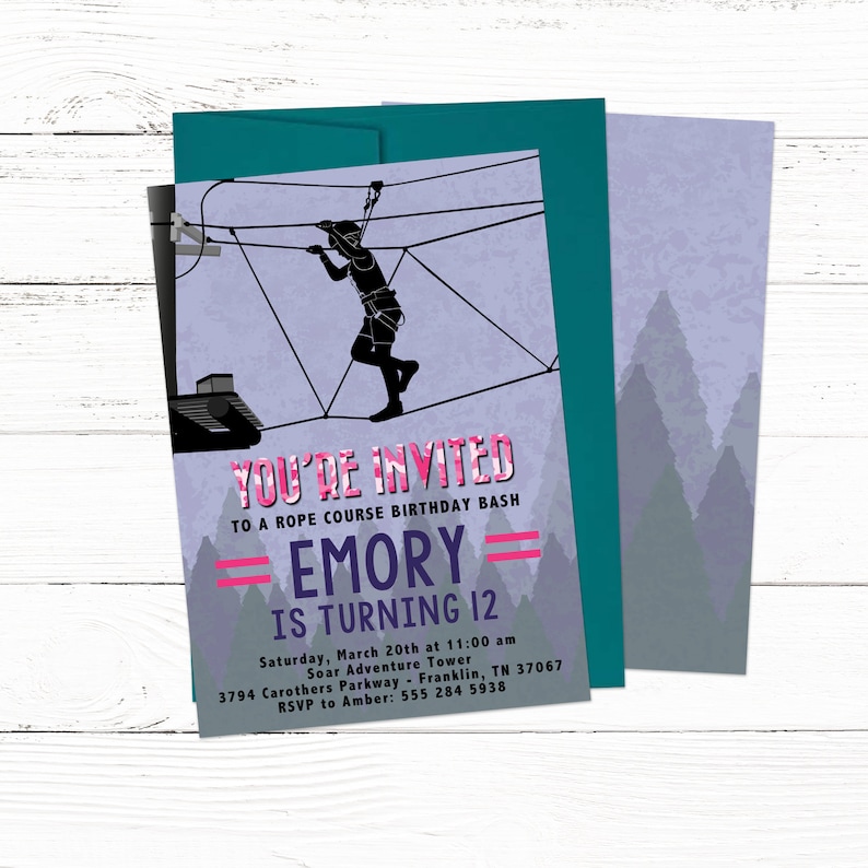 Girl Ropes Course Birthday Invitations | Zip Line and Outdoor Adventure ...