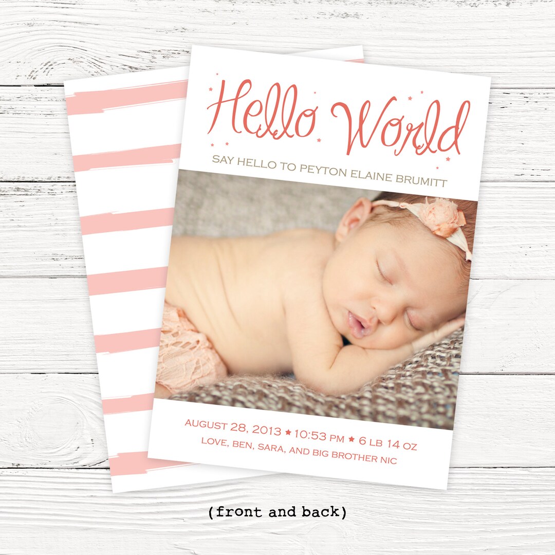 Pink Hello World Birth Announcement - Girl Photo Baby Announcement - Etsy