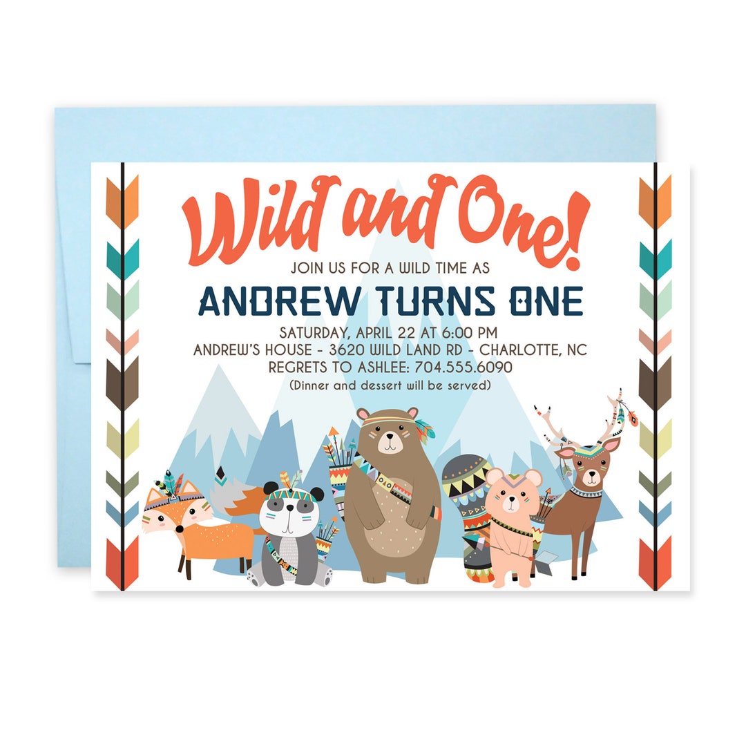 Wild and One Birthday Party Invitations Wild Animals, Tribal Bow and ...