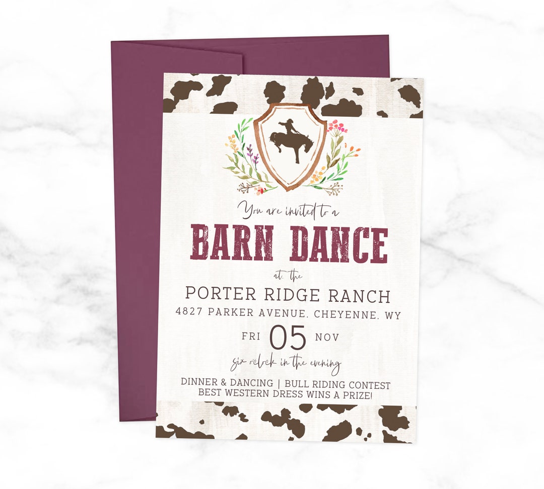 Cow Print Barn Dance Invitation - Bucking Bronco and Cowboy Hoedown ...