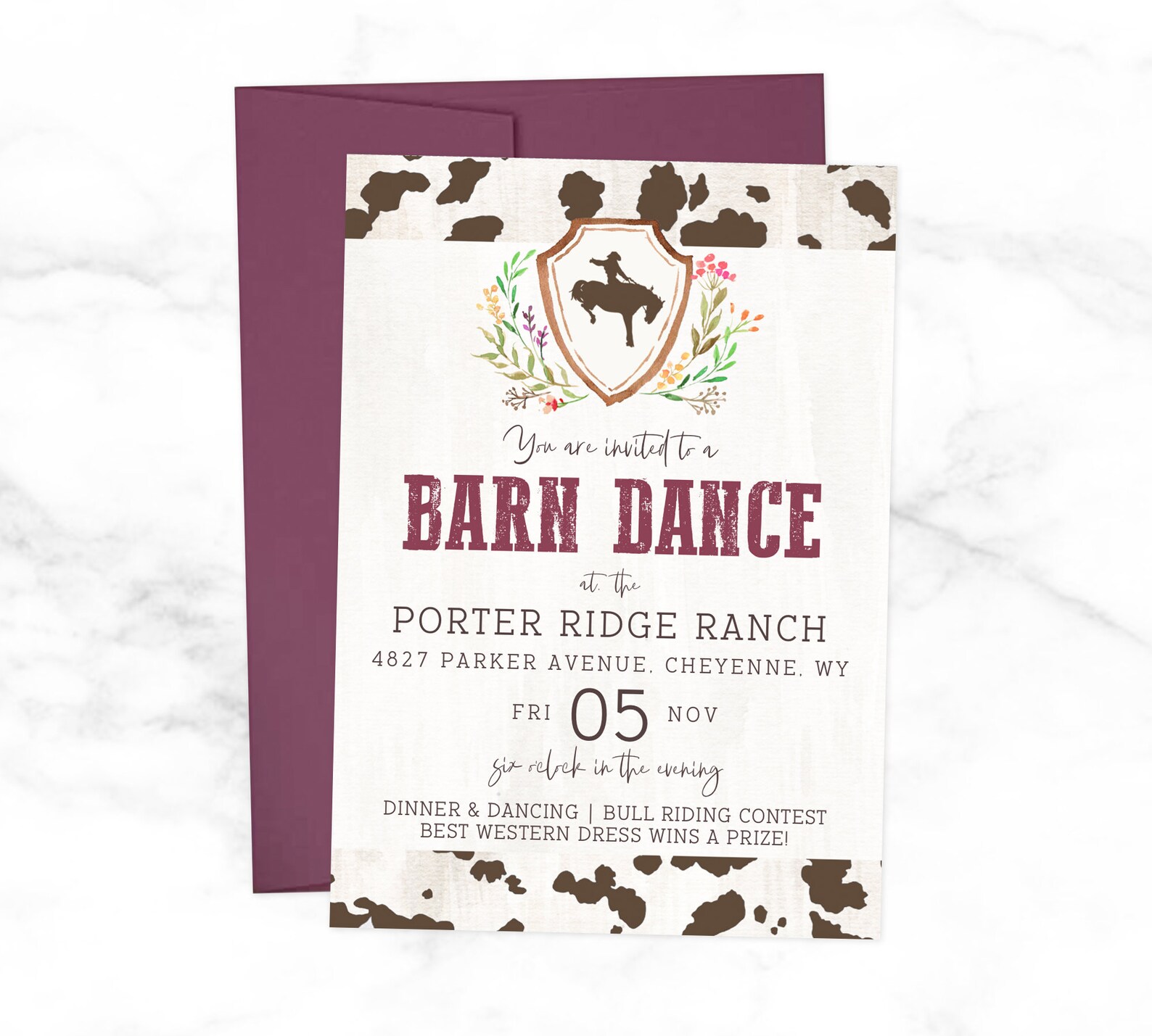 Cow Print Barn Dance Invitation - Bucking Bronco and Cowboy Hoedown ...