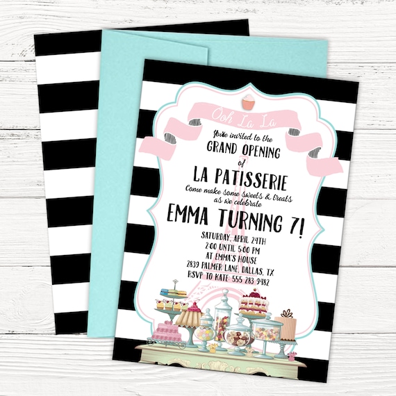 French Bakery Birthday Invitations Pink Coquette Heart Cake First