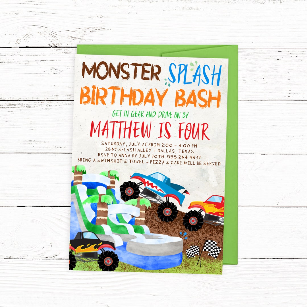 Monster Splash Birthday Party Invitation - Monster Truck Water Slide ...