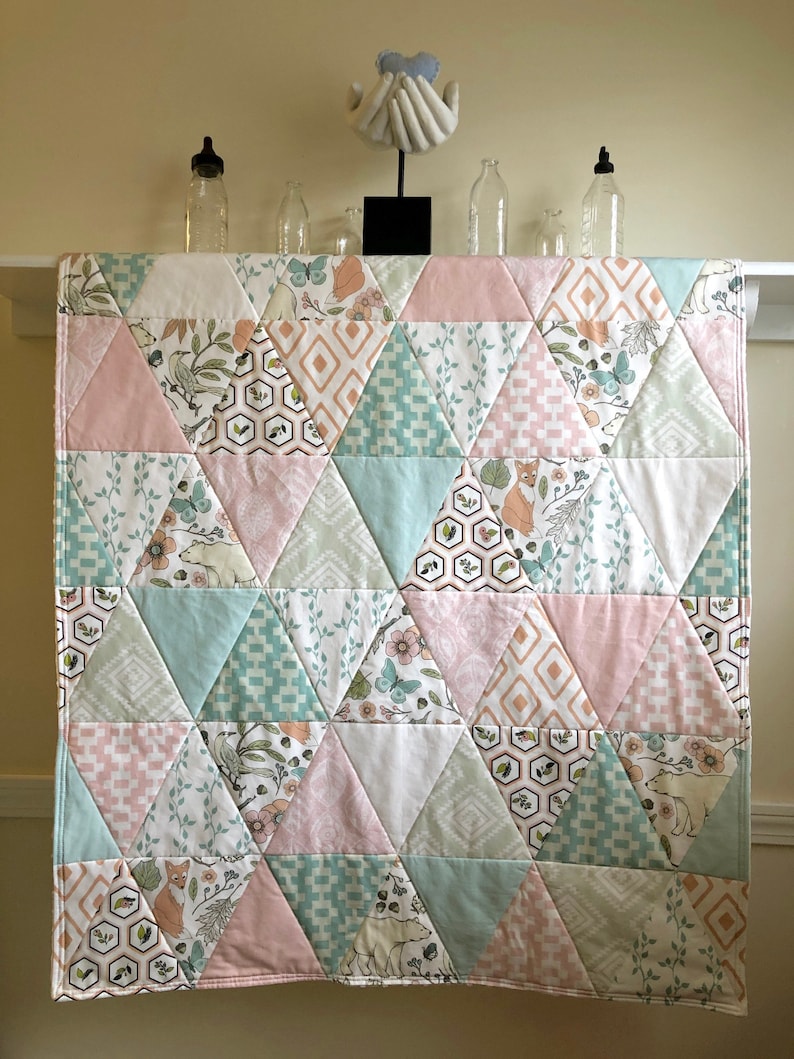Autumn Pastel Triangles Baby Quilt Handmade, Woodland Baby Girl Nursery ...
