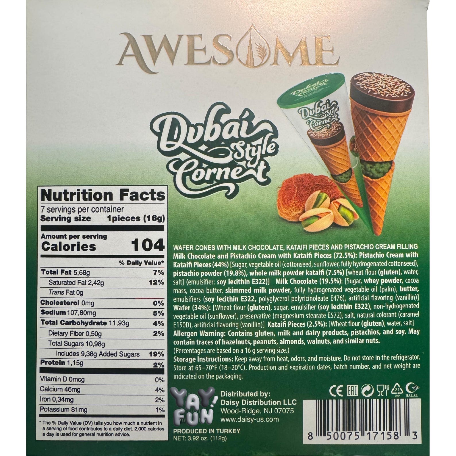 Dubai Style Cones 7 Pack | Chocolate & Pistachio Cream Filling With ...