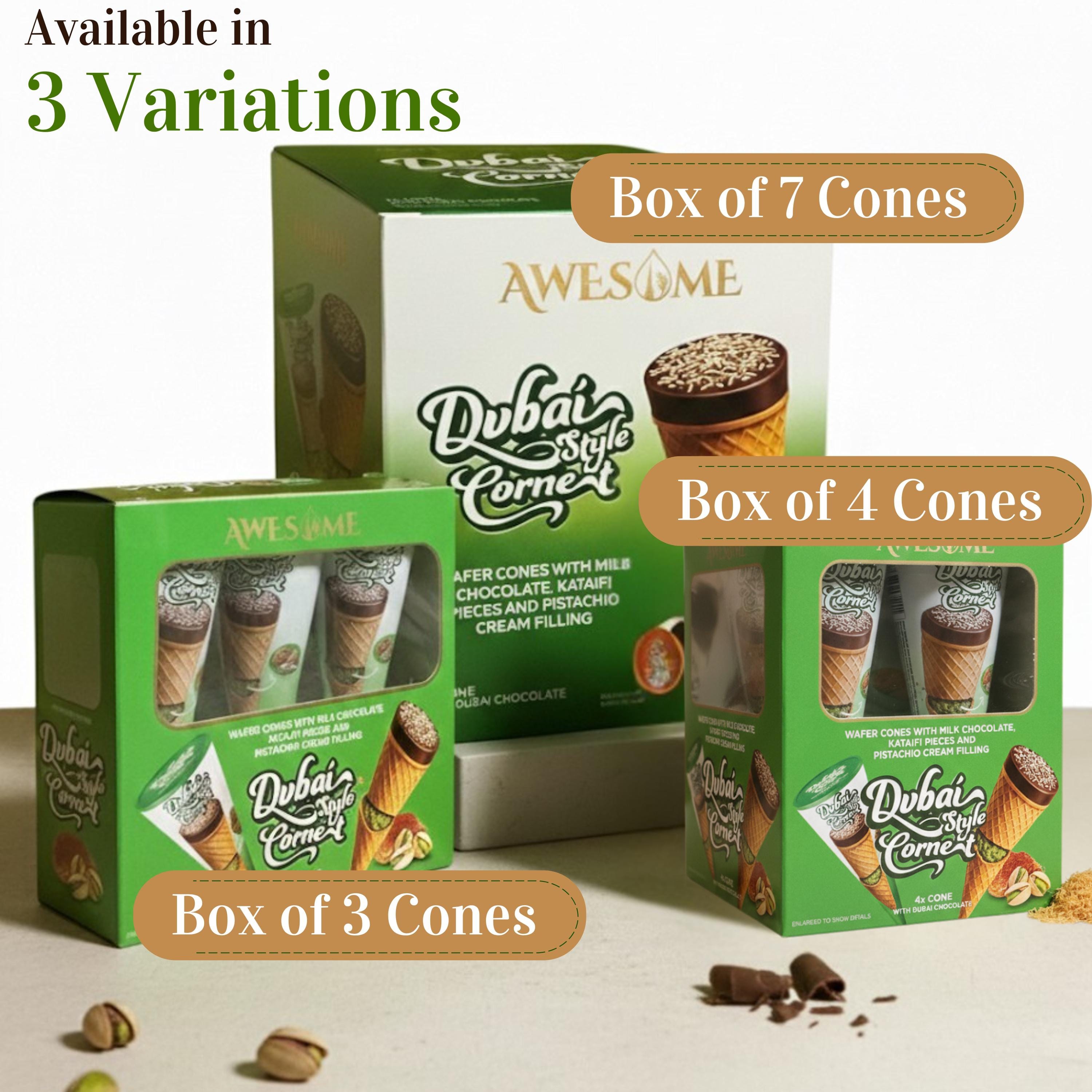Dubai Style Cones, Milk Chocolate Pistachio Wafer, Crispy Kataifi ...