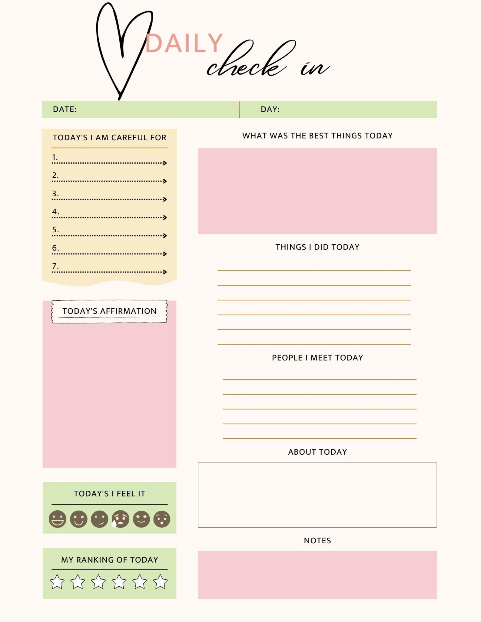 Daily Check in Sheet - Etsy