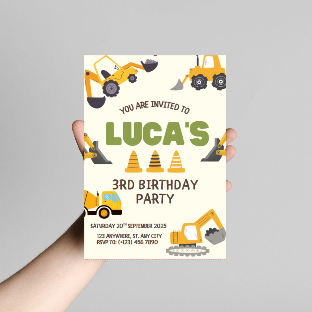 Digger Birthday Invitation - Construction Party Invite | Editable ...