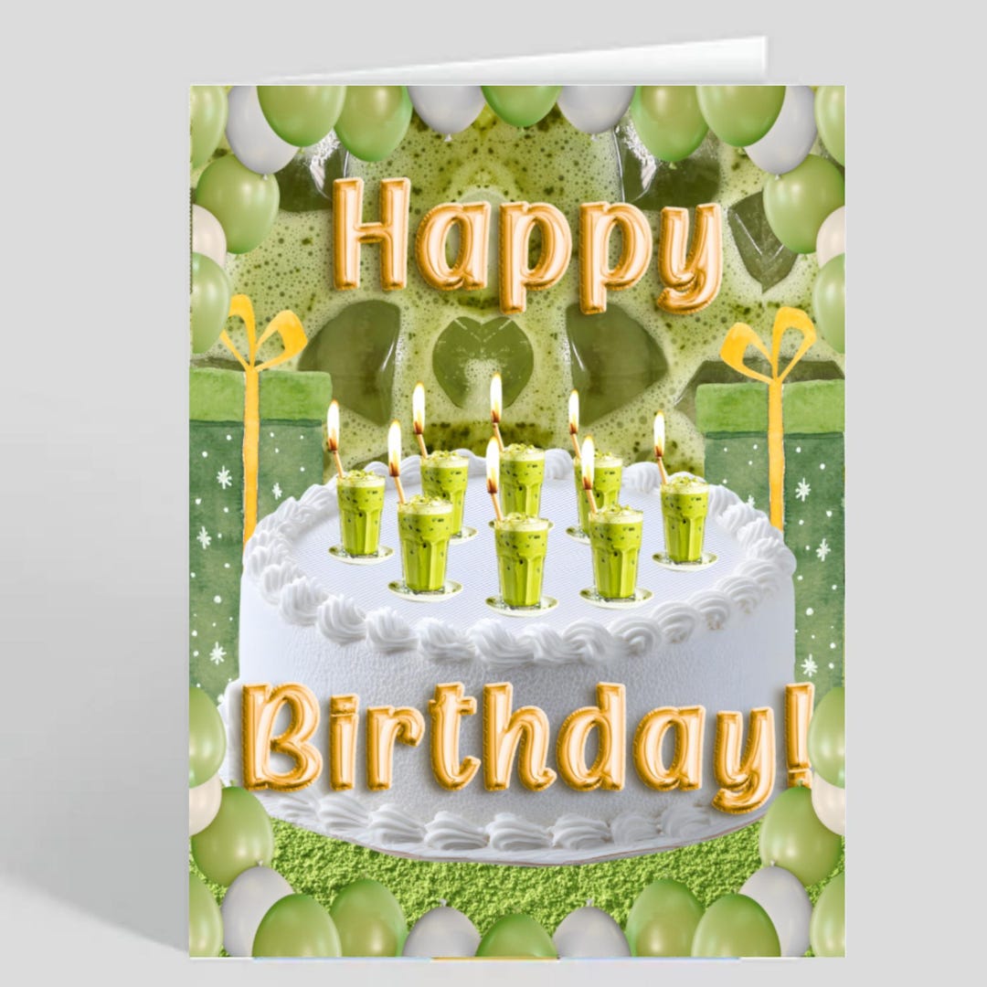 Matcha Birthday Card Latte Candle Cake Digital Download Happy Bday ...