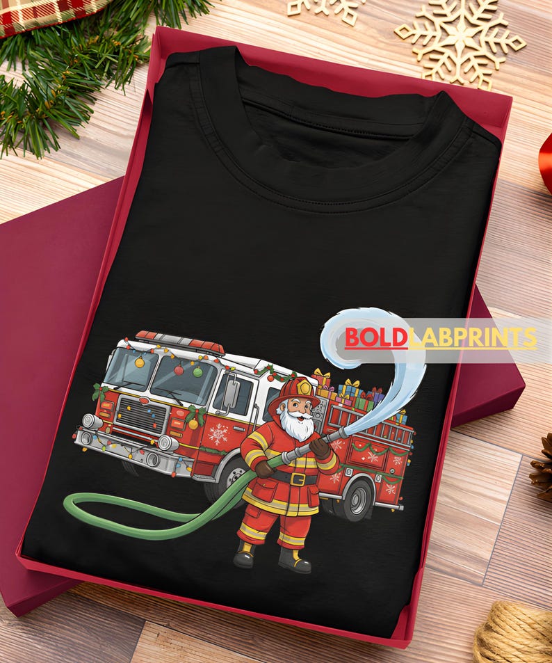 Firefighter Santa Christmas PNG | Fire Truck Shirt Design (digital ...