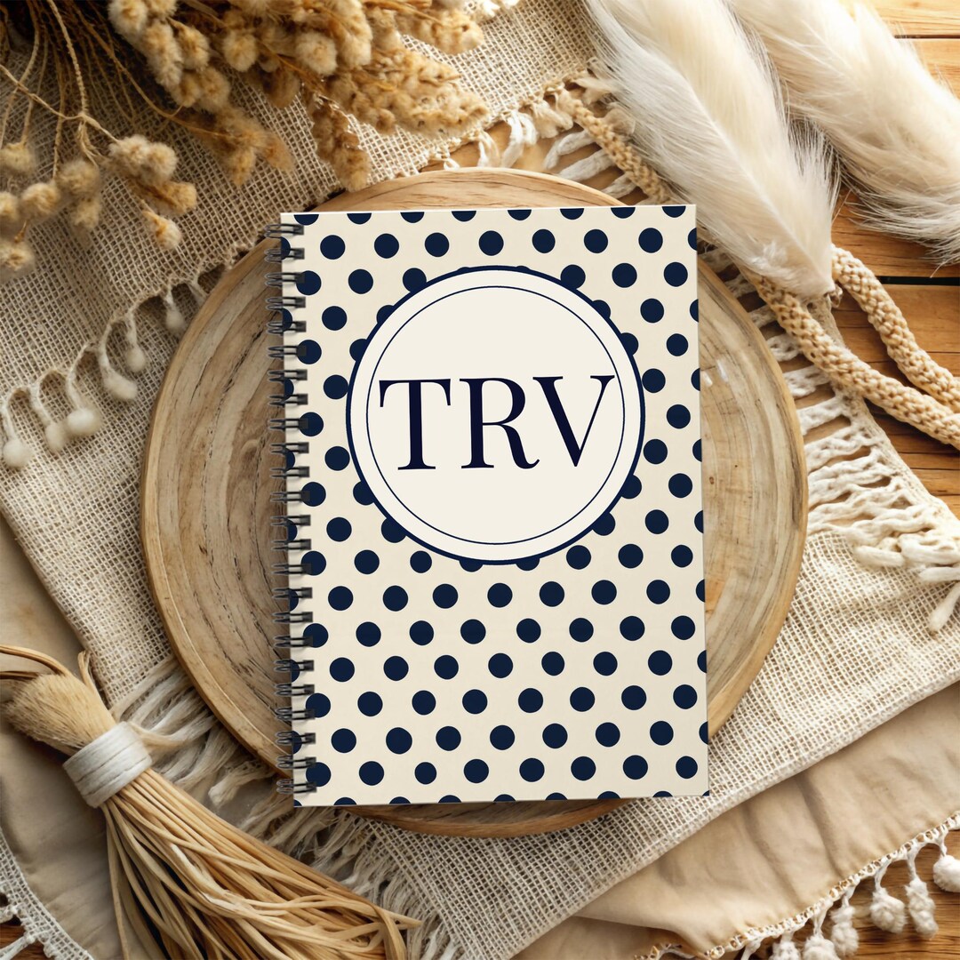 Preppy Cream & Navy Monogram Notebook - Personalized Polka Dot Journal ...