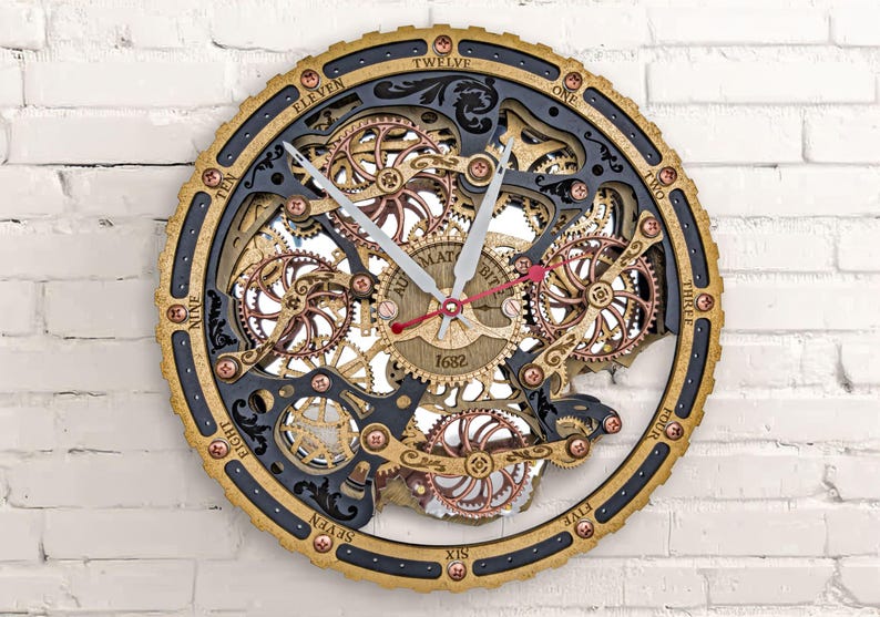 Steampunk Wall Clock - Bite 1682 Black Gold - Vintage Industrial Design ...