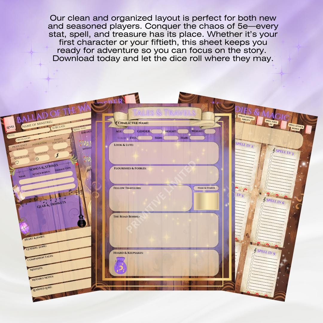Bard 5e Character Sheet - Ballad of the Wanderer | Printable & Fillable ...