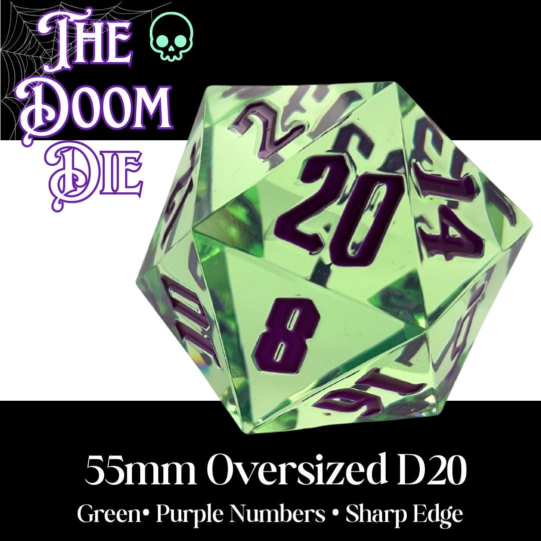 Giant 55mm D20 Chonk - the Doom Die | Mint Green Translucent Sharp-edge ...