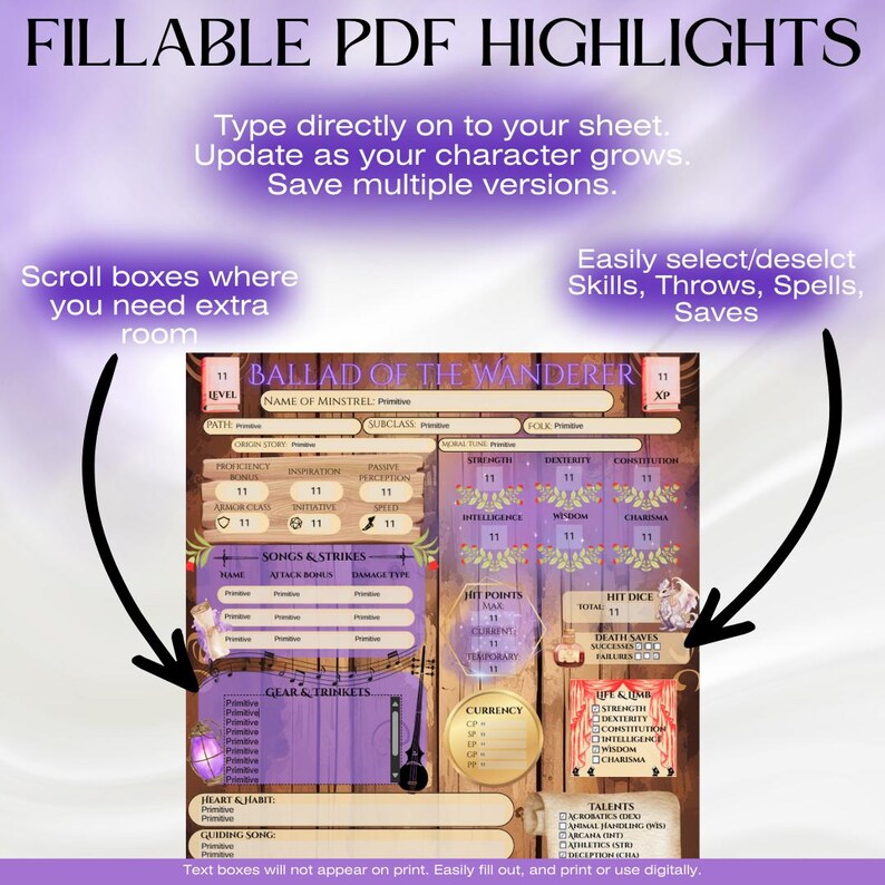 Bard 5e Character Sheet - Ballad of the Wanderer | Printable & Fillable ...