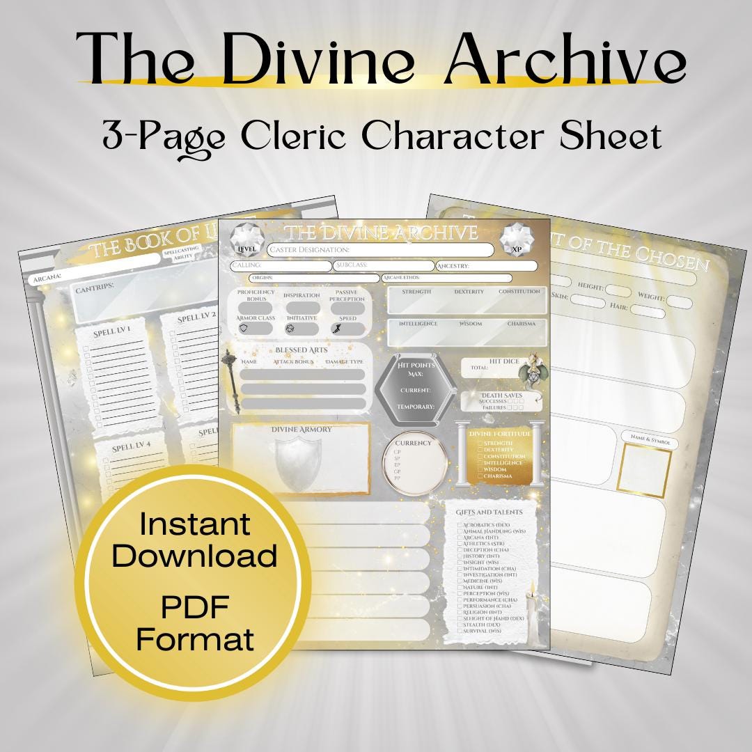 Cleric 5e Character Sheet: the Divine Archive (printable & Fillable ...