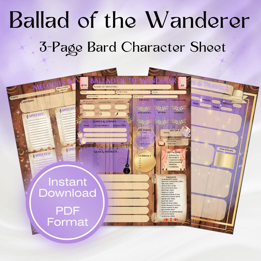Bard 5e Character Sheet - Ballad of the Wanderer | Printable & Fillable ...