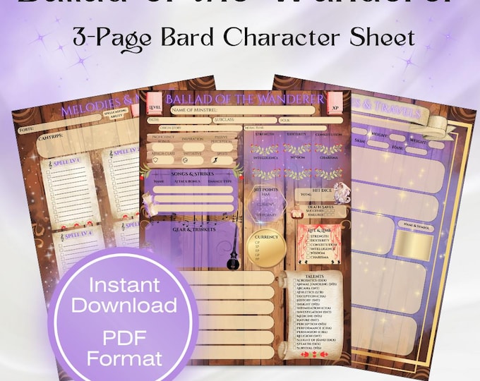 Bard 5e Character Sheet - Ballad of the Wanderer | Printable & Fillable ...