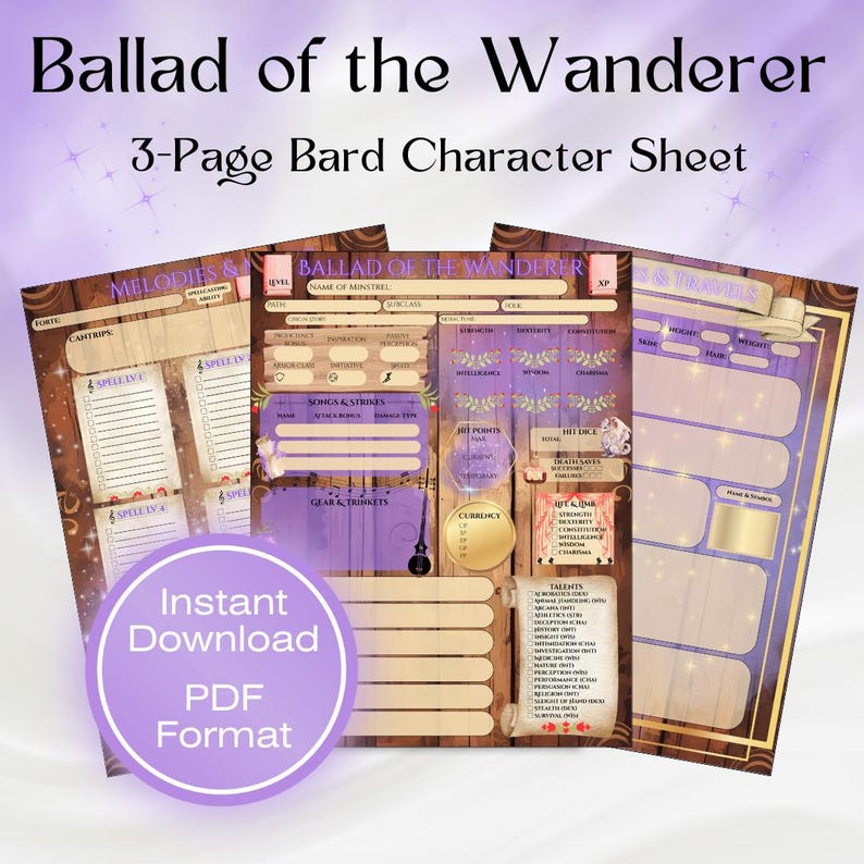 Bard 5e Character Sheet Ballad Of The Wanderer Printable Fillable
