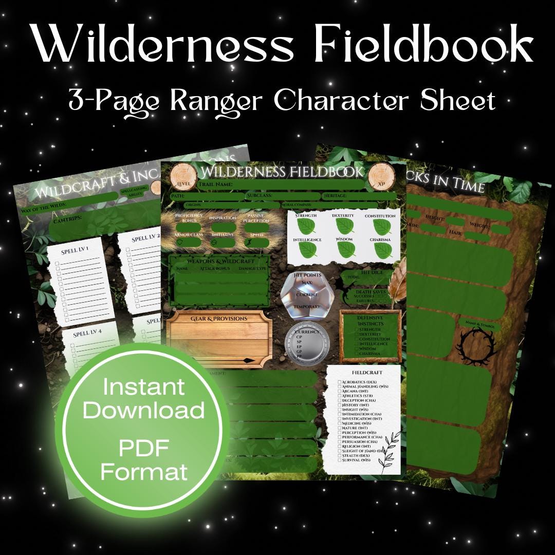 Ranger 5e Character Sheet: Wilderness Fieldbook (printable & Fillable ...