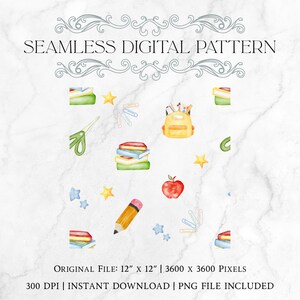 Back to School Seamless Digital Paper – Watercolor School Supplies PNG ...