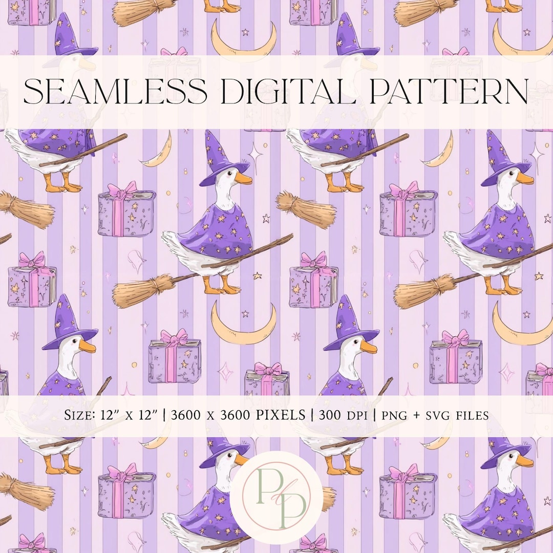 Silly Goose Witch Halloween Whimsical Digital Paper, Lavender Seamless ...