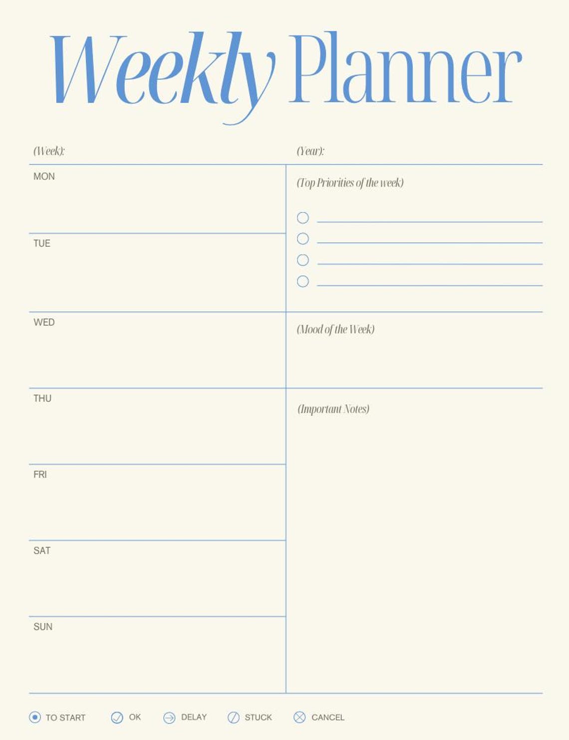 Weekly Planner Printable | Cream & Blue Minimalist Design | Undated PDF ...