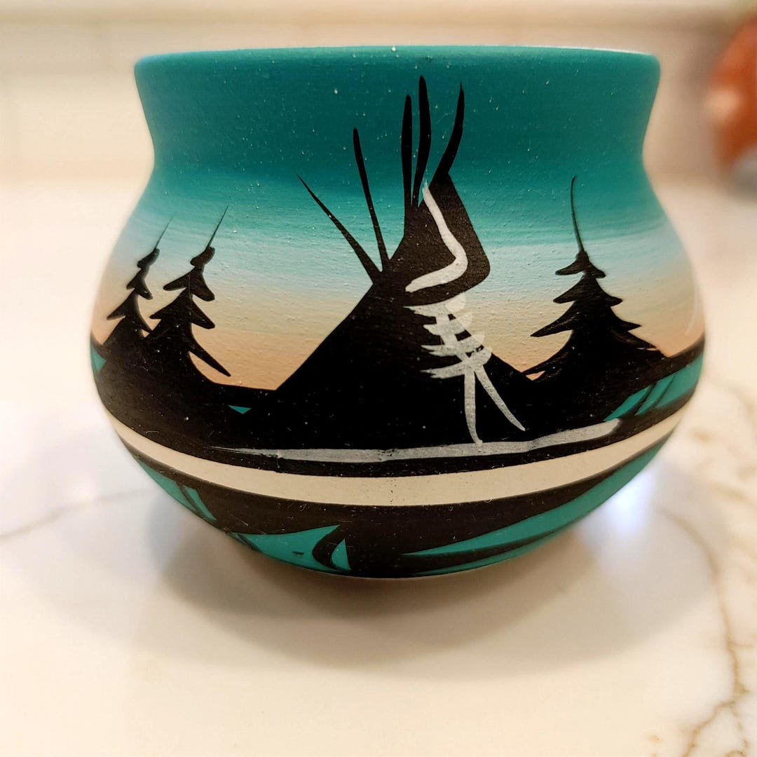 Hand-painted Navajo Pottery Mini Vase-teepee and Pine Tree Scenic ...