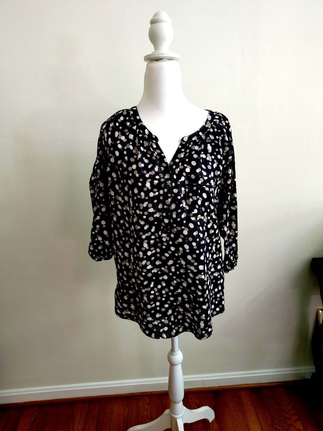 LOFT Navy, White and Grey Polkadot Loose Blousy 3/4 Length Sleeve Shirt ...