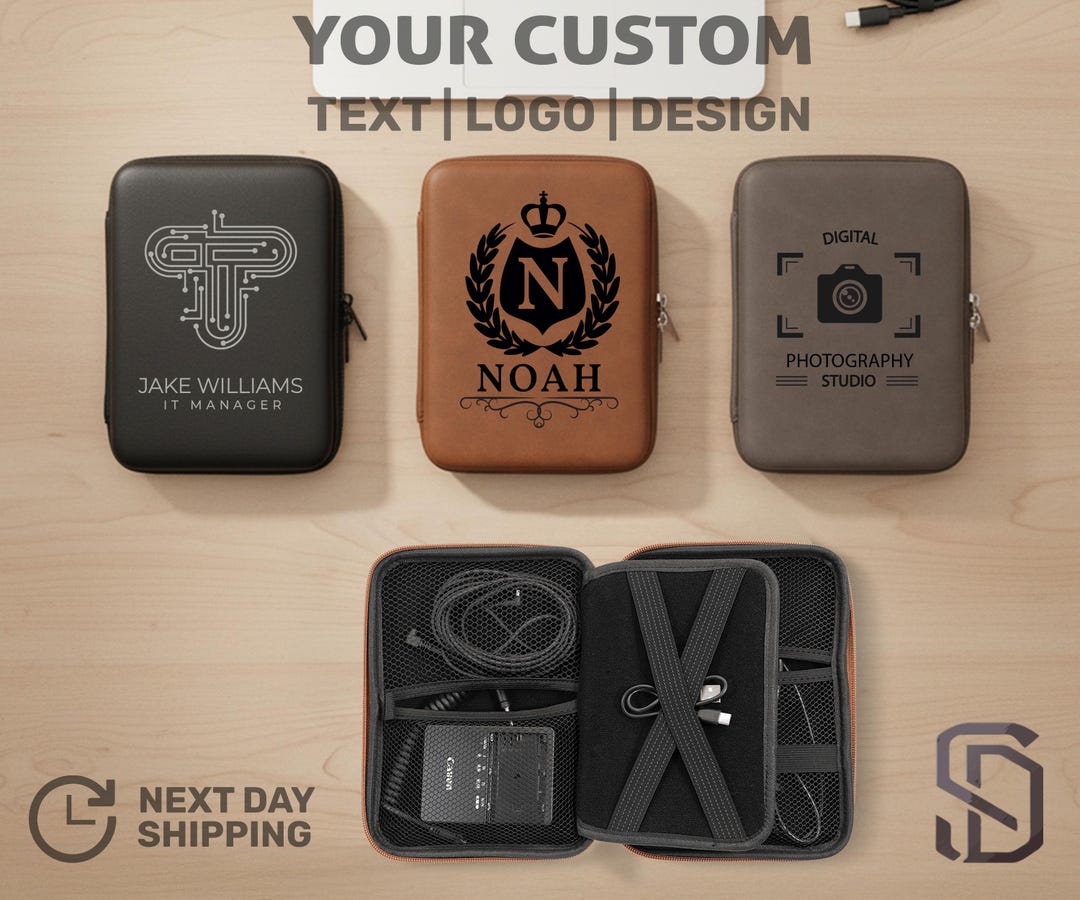 Custom Leather Cord Case Organizer, Personalized Tech Cable Pouch ...