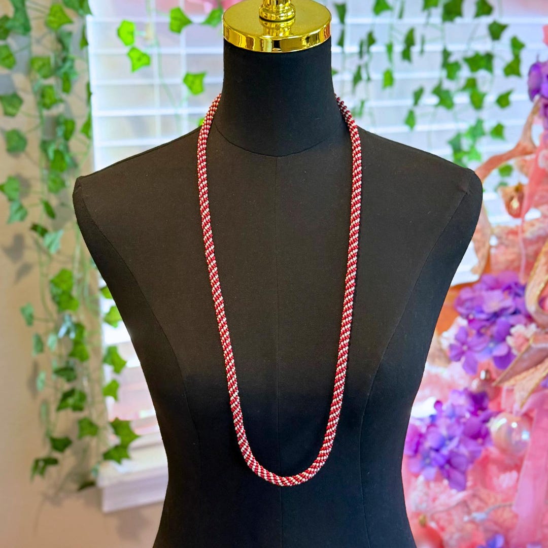 Vintage Red & White Seed Bead Rope Necklace, Continuous Spiral Cord - Etsy