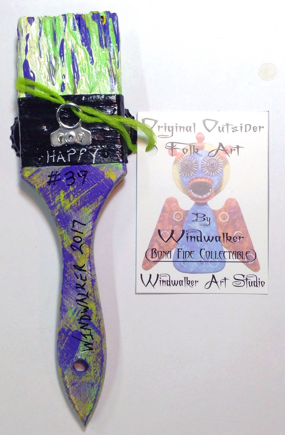 Hand-painted Folk Art Paint Brush Character, Recycled Bottle Cap Eyes ...