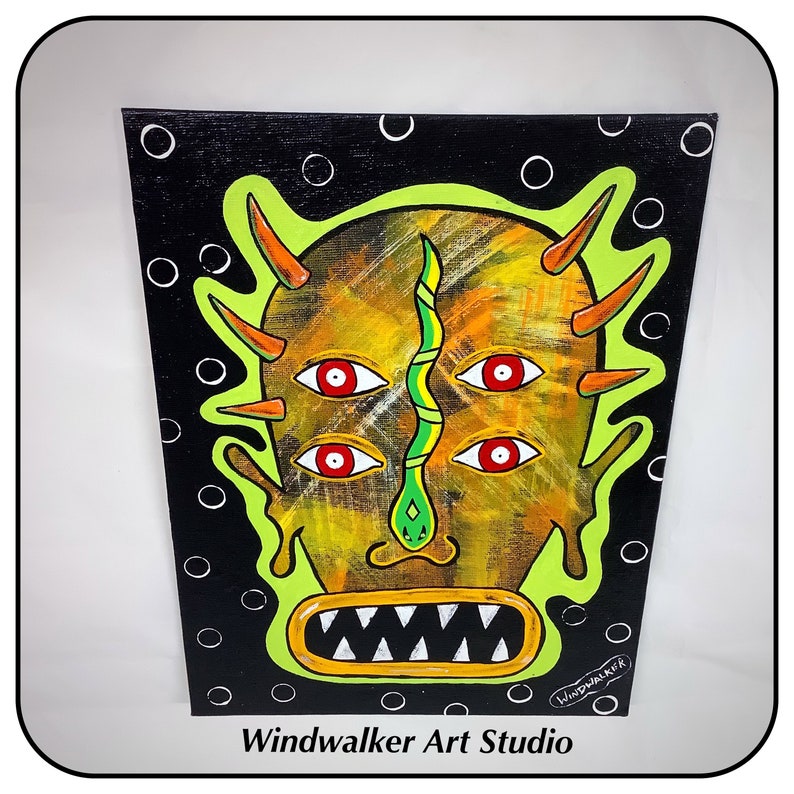 Original Outsider Folk Art, "snake Nose Demon", Horned Monster Painting, Snake Demon Devil Art ...