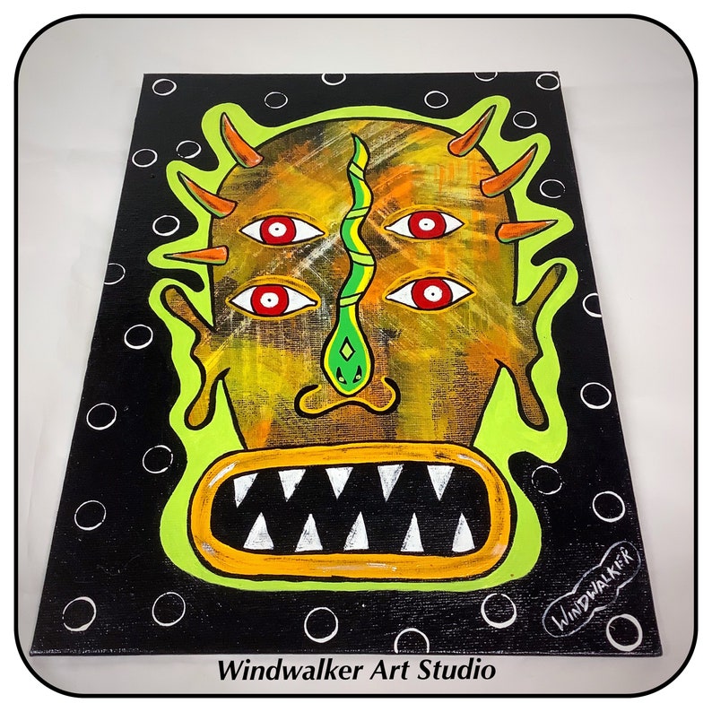 Original Outsider Folk Art, "snake Nose Demon", Horned Monster Painting, Snake Demon Devil Art ...