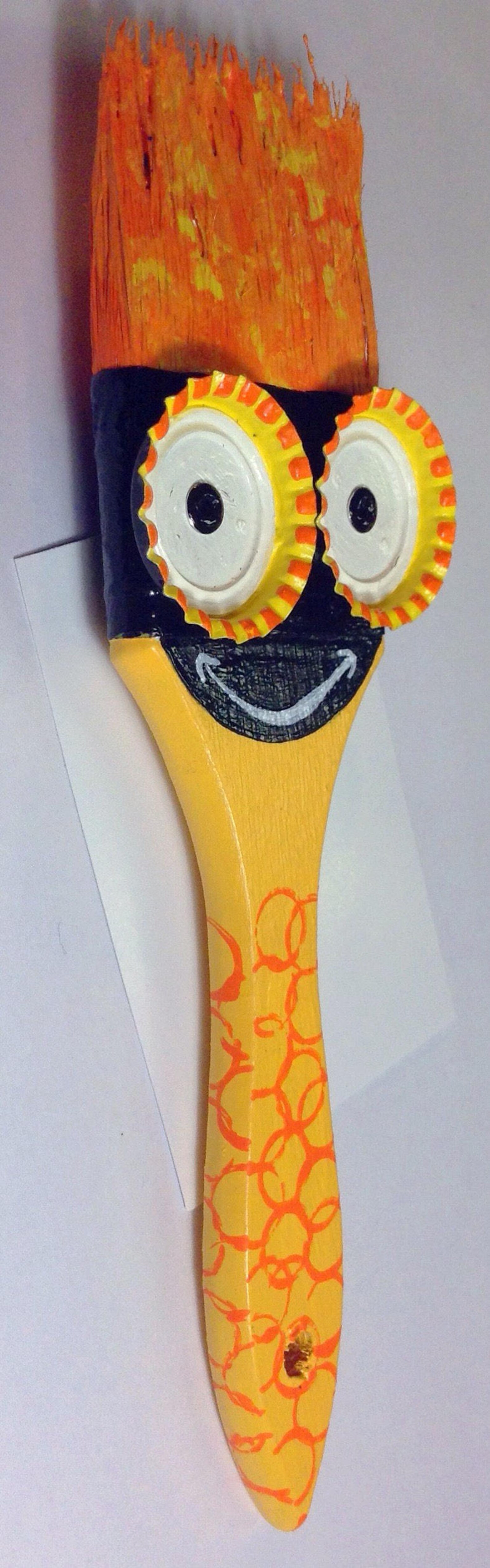 Paintbrush Art, Folk Art Character, Bottle Cap Eyes, Happy Paintbrush ...