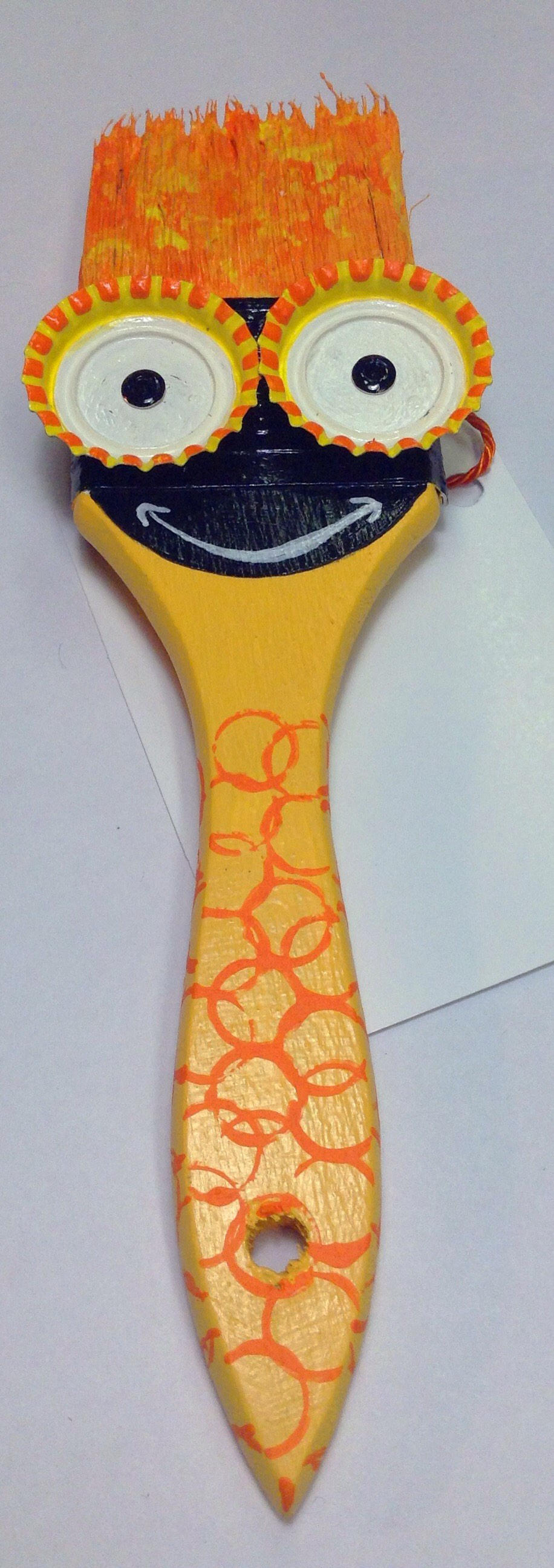 Paintbrush Art, Folk Art Character, Bottle Cap Eyes, Happy Paintbrush ...
