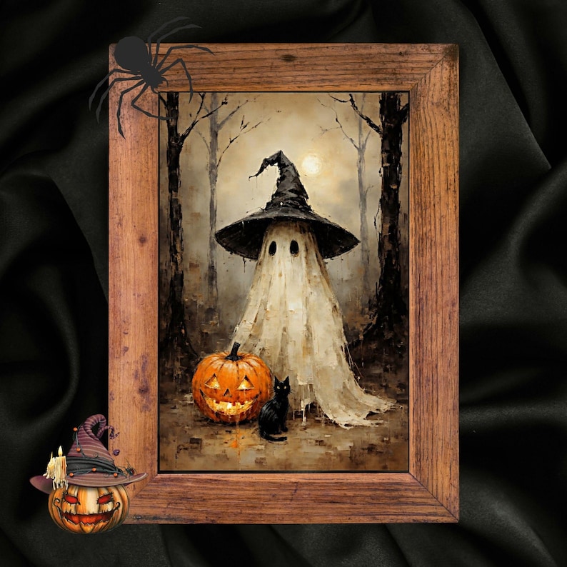 Vintage Halloween Ghost Poster: Gothic Pumpkin, Black Cat (digital ...
